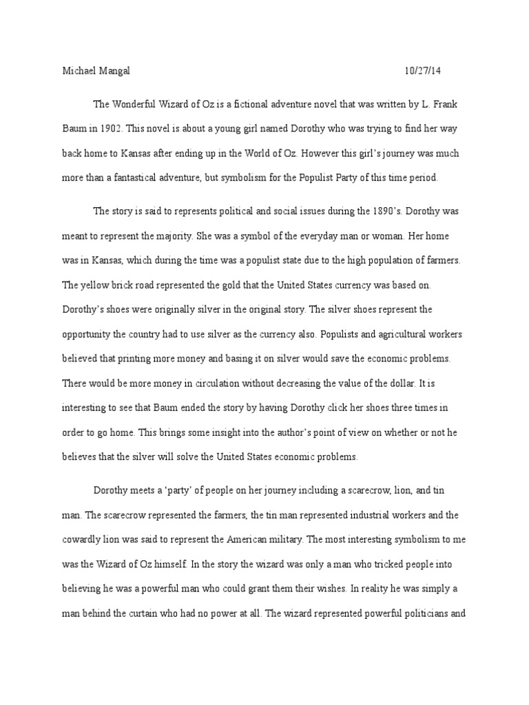 Populism Symbolism in Wizard of Oz | PDF | Dorothy Gale | Land Of Oz