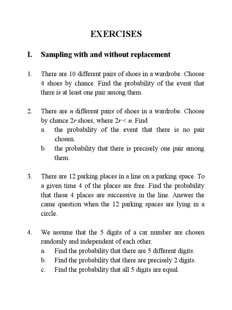 Exercises: I. Sampling With and Without Replacement | PDF | Probability ...