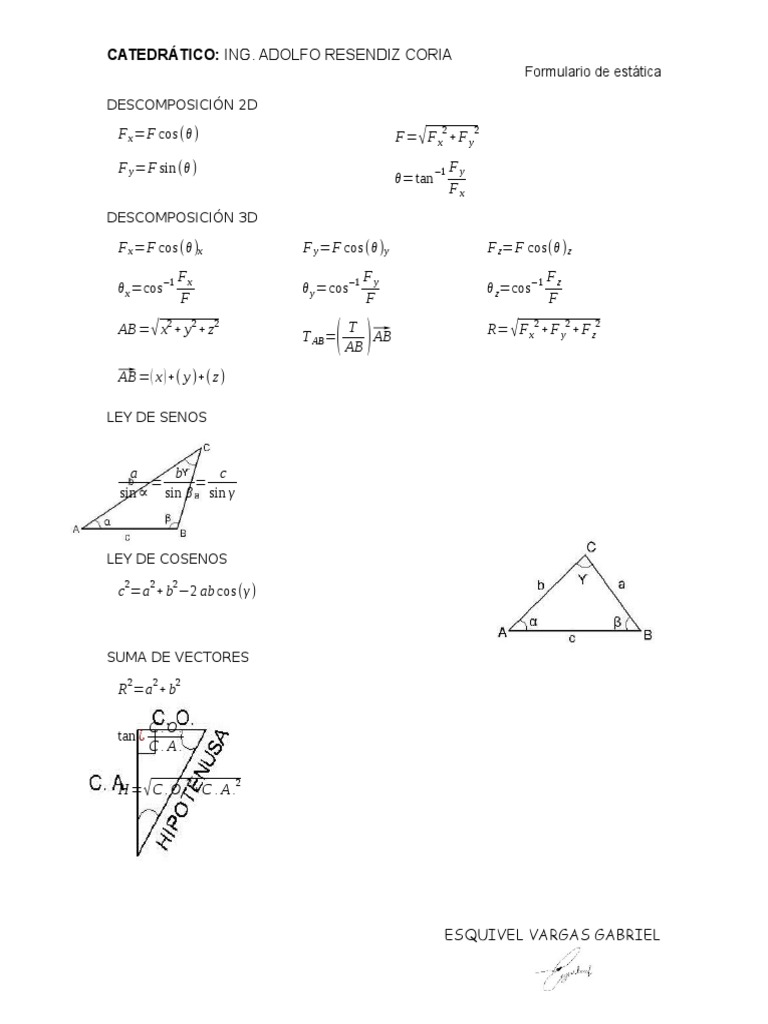 Fórmulas de estática y descomposición de vectores | PDF