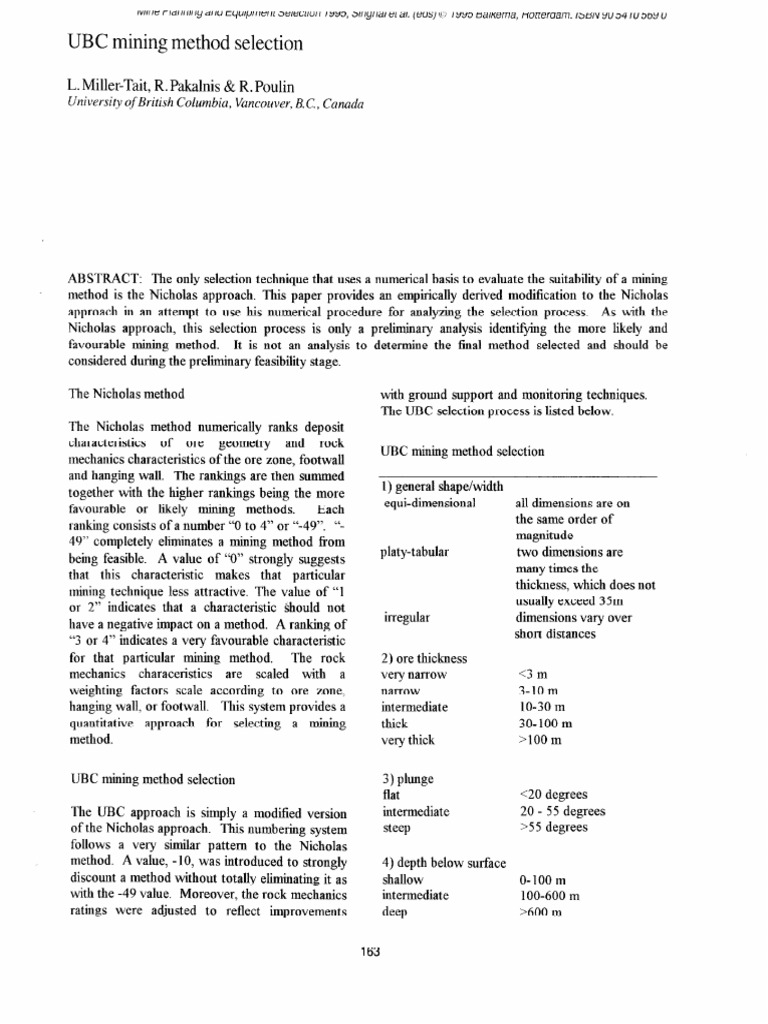 UBC Mining Method Selection | PDF | Economic Geology | Mining