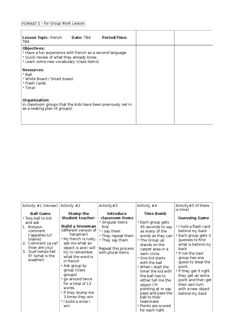 Fun French Group Activities Plan | PDF
