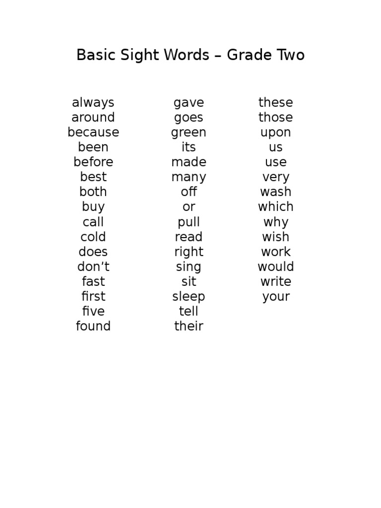 Grade Two Basic Sight Words List | PDF