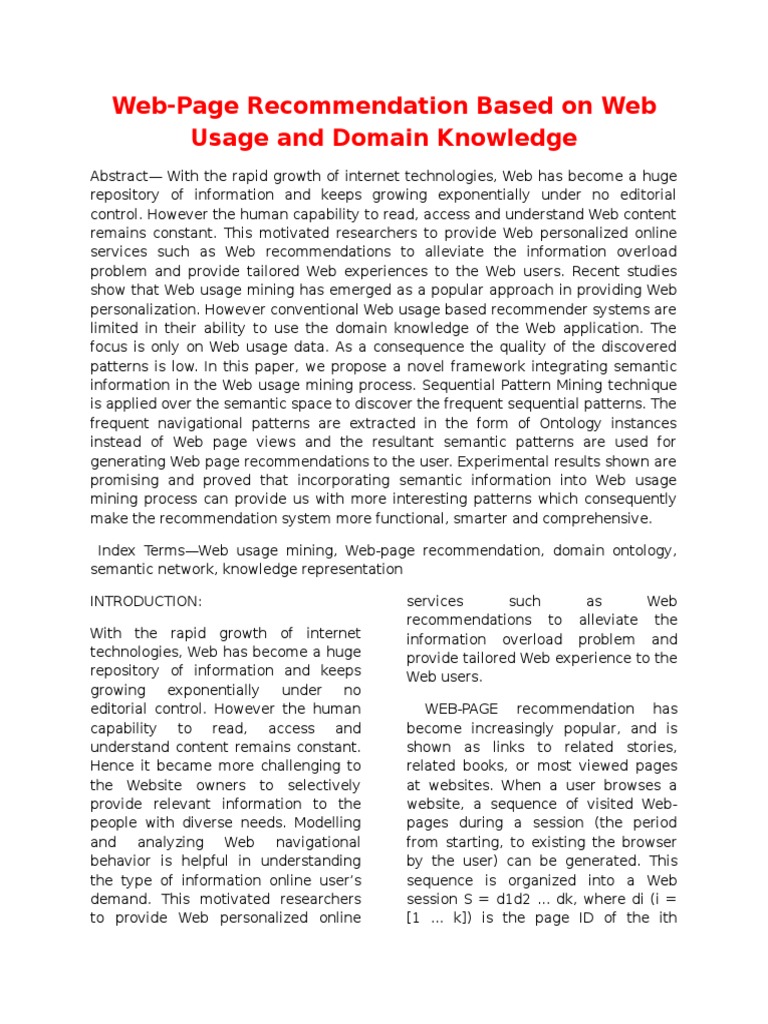 Web-Page Recommendation Based On Web Usage and Domain Knowledge | PDF | Web Page | Ontology ...