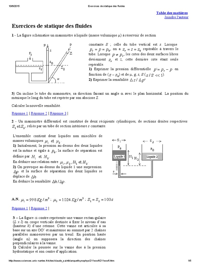 Exercices de Statique Des Fluides | PDF | Altitude | Pression