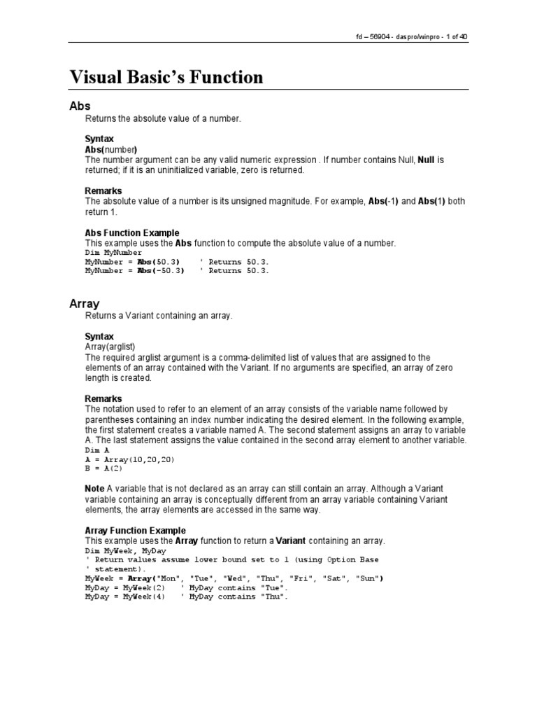 Visual Basic's Function: Syntax Abs (Number) | PDF | Array Data Type ...