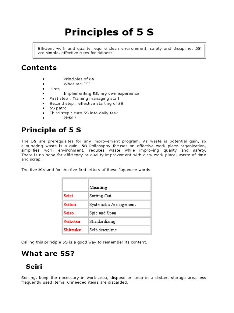 Principles of 5 S: Seiri | PDF | Tools | Production And Manufacturing