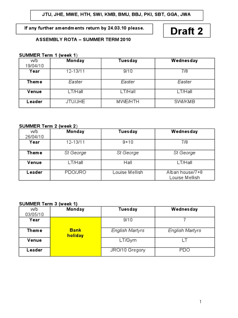Summer Term 2010 Assembly Rota | PDF | Autumn Holidays | Catholic Holy Days