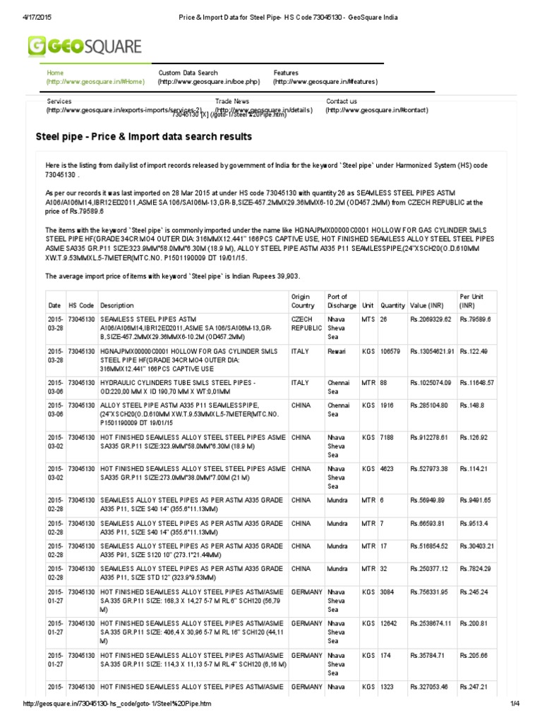 Steel Pipe Import Data India 2015 | PDF | Pipe (Fluid Conveyance) | Steel