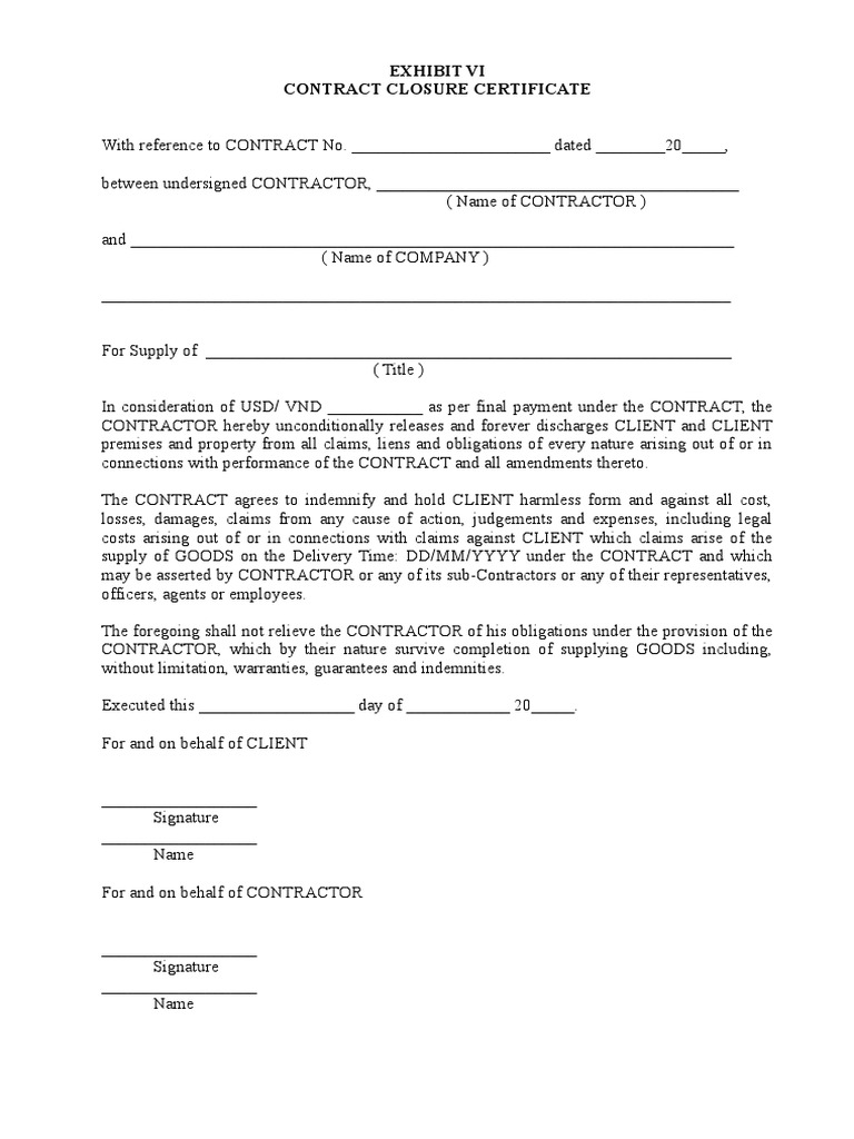 Contract Closure Certificate Goods | PDF | Indemnity | Law And Economics
