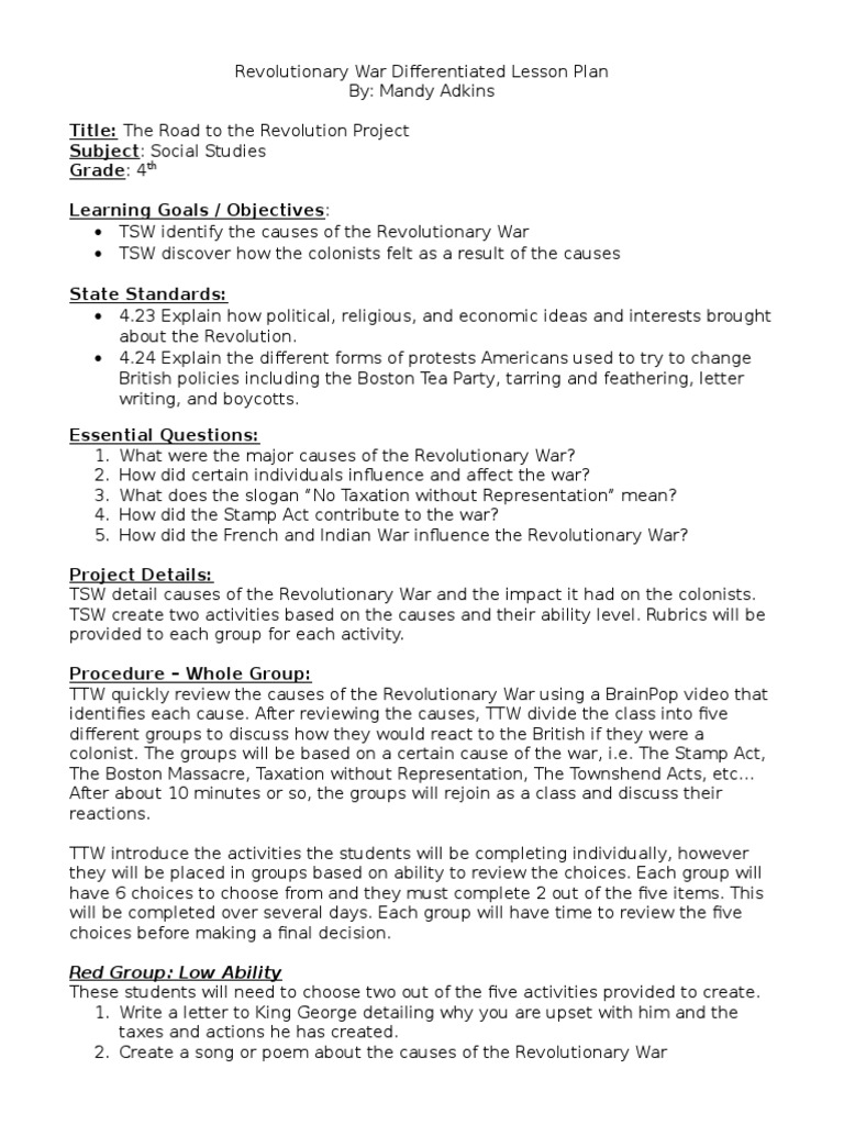 4th Grade Revolutionary War Lesson | PDF | American Revolutionary War ...