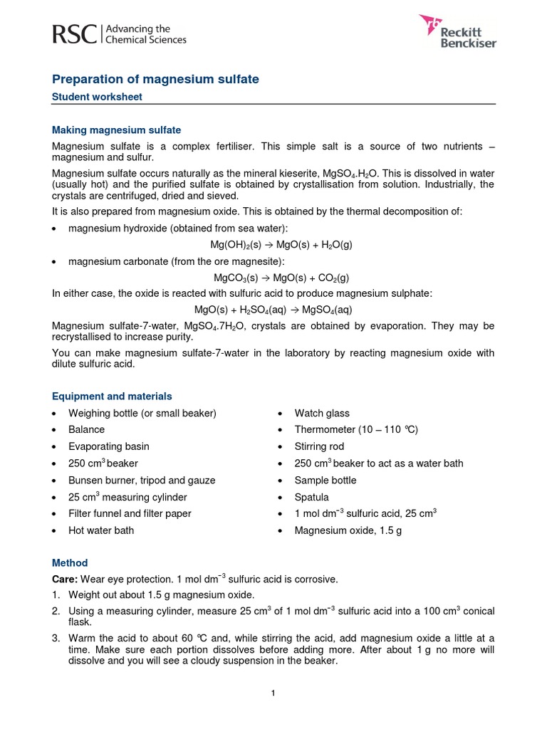 Preparation of Magnesium Sulfate: Student Worksheet | PDF | Magnesium ...