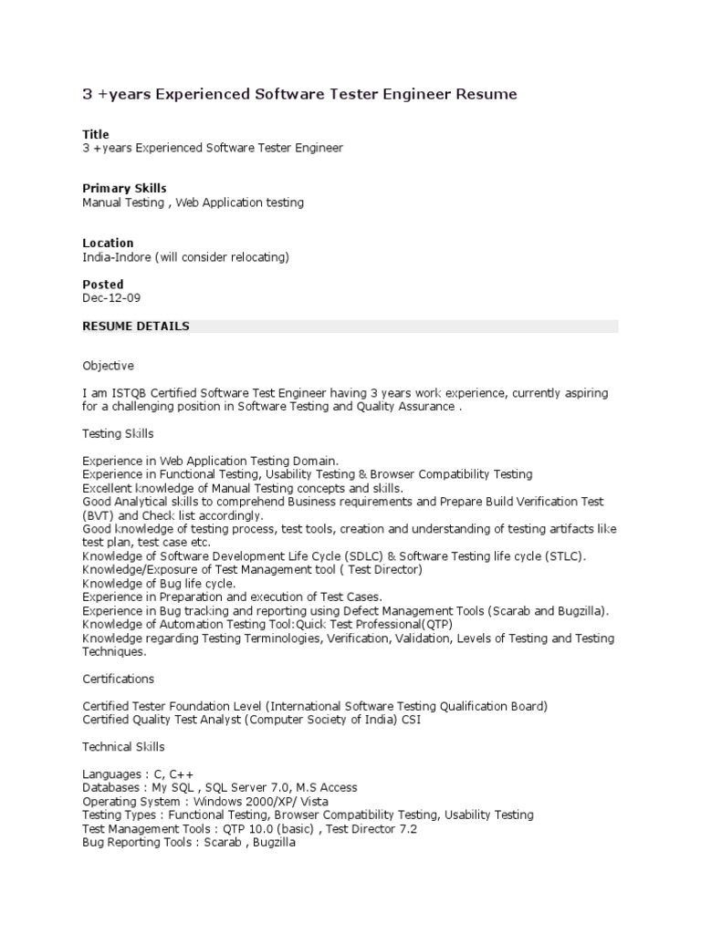 3 +years Experienced Software Tester Engineer Resume: Title | PDF ...