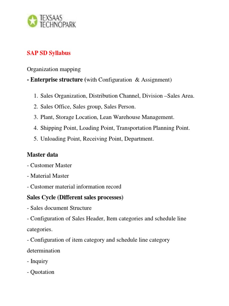 SAP SD Syllabus | PDF | Invoice | Delivery (Commerce)