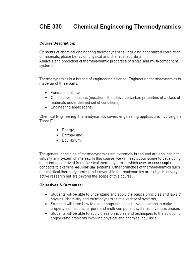 ChE 330 Fall 2015 Course Outline | PDF | Thermodynamics | Chemical ...