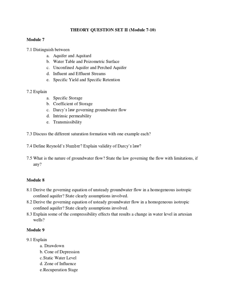Groundwater Flow Theory Questions Set | PDF