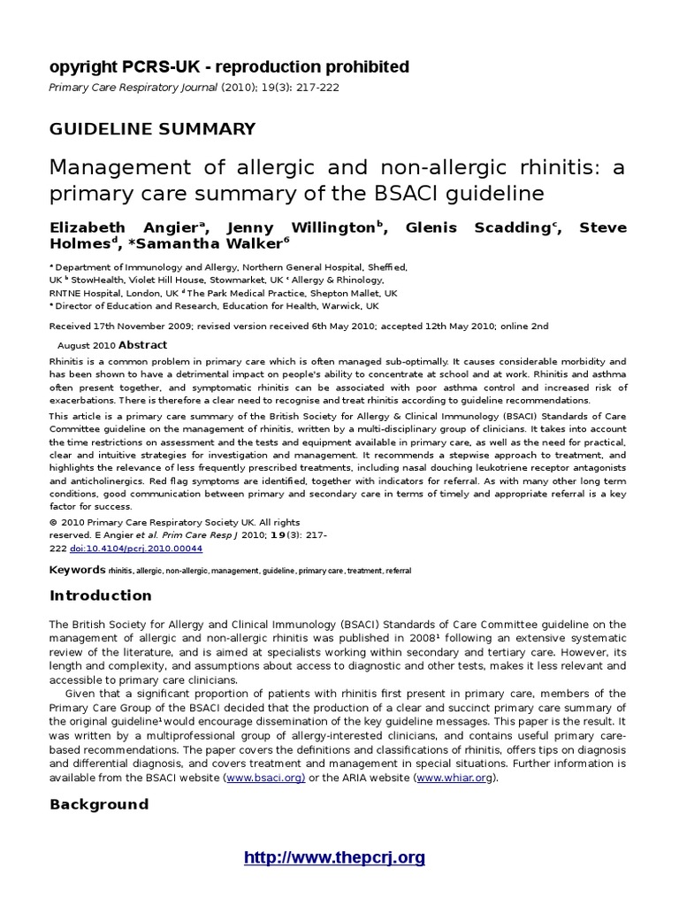Management of Allergic and Non-Allergic Rhinitis: A Primary Care ...