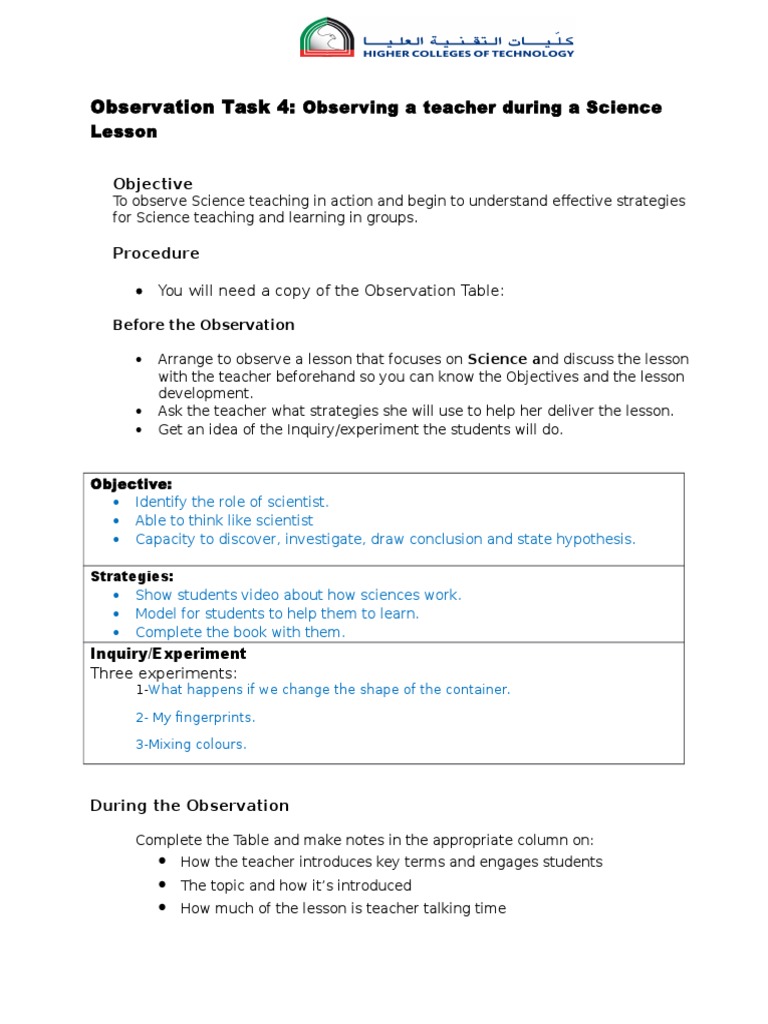 Observation Task 4 - Science Lesson | PDF | Teachers | Experiment