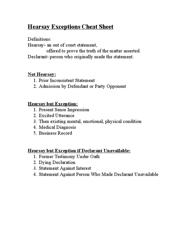 Hearsay Exceptions Cheat Sheet | PDF | Hearsay | Hearsay In United ...