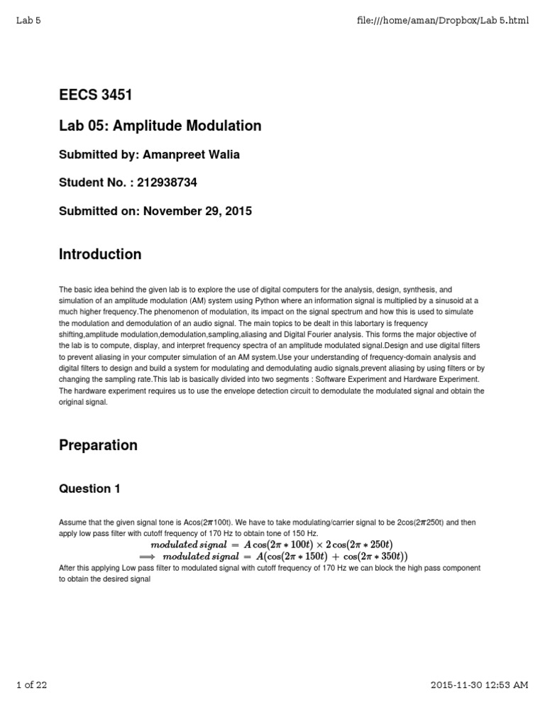 EECS 3451 Lab 05: Amplitude Modulation | PDF | Modulation | Sampling (Signal Processing)