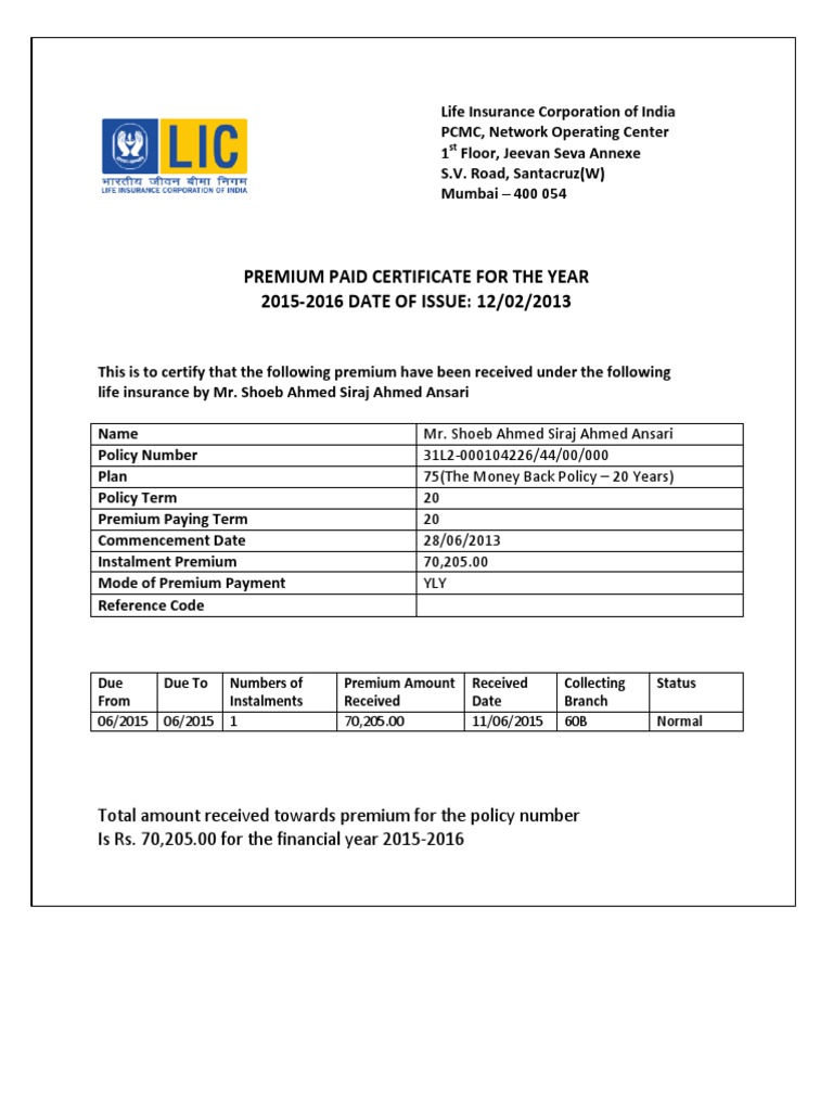 Lic Premium Certificate | PDF
