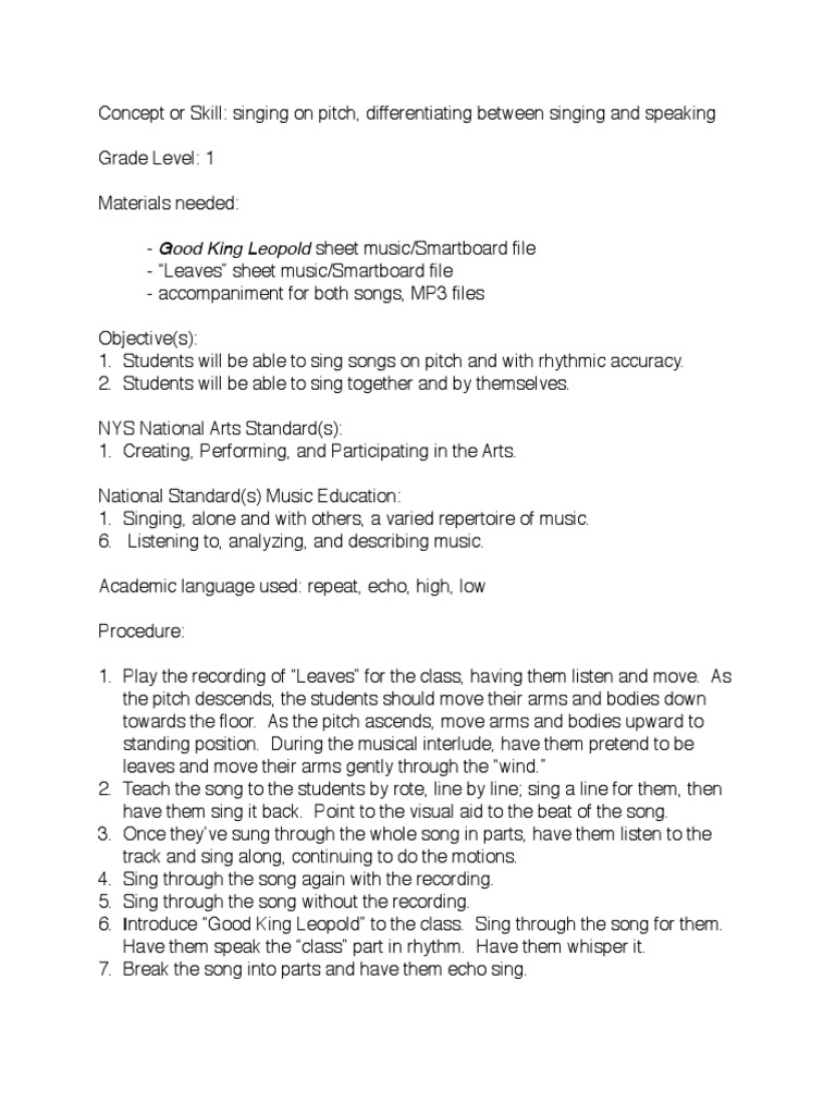 Grade 1 Singing Lesson Plan | PDF