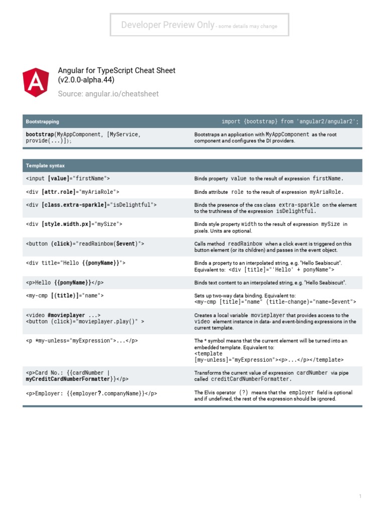 Developer Preview Only : Angular For Typescript Cheat Sheet (V2.0.0 ... Developer Preview Only : Angular For Typescript Cheat Sheet (V2.0.0 ...