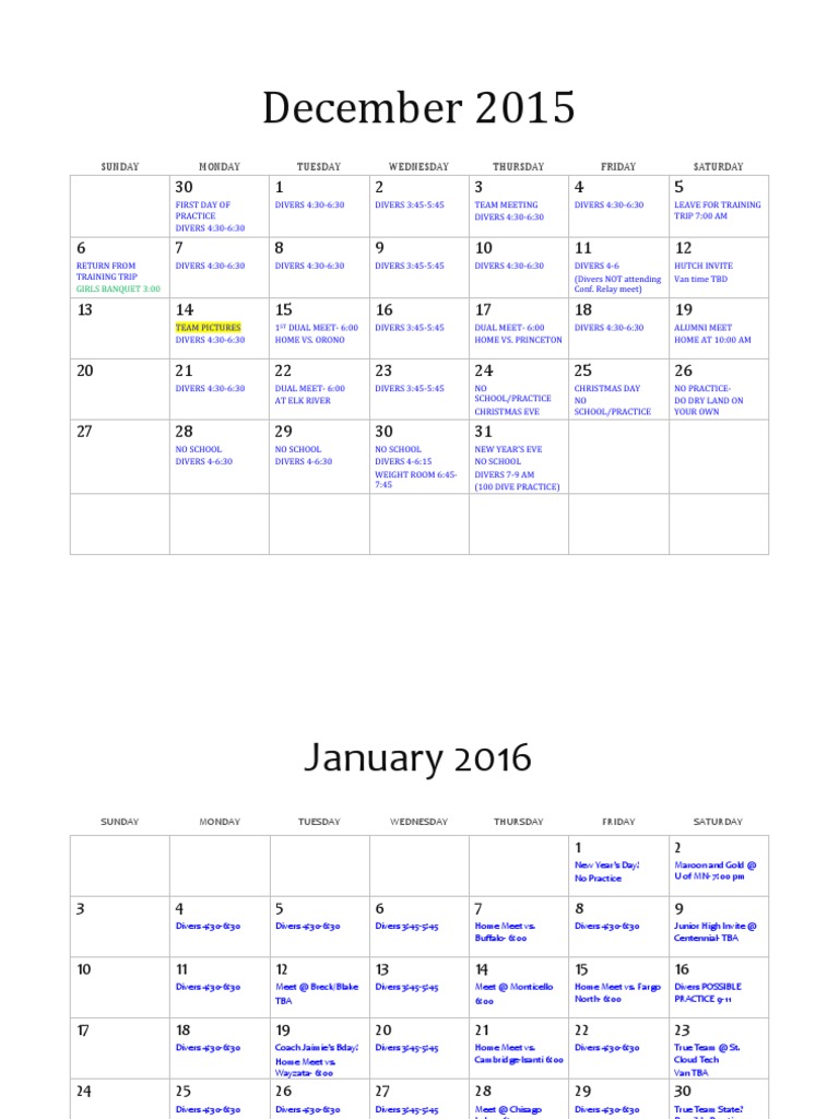 December 2015 Diving Practice Schedule | PDF | Cooking, Food & Wine ...