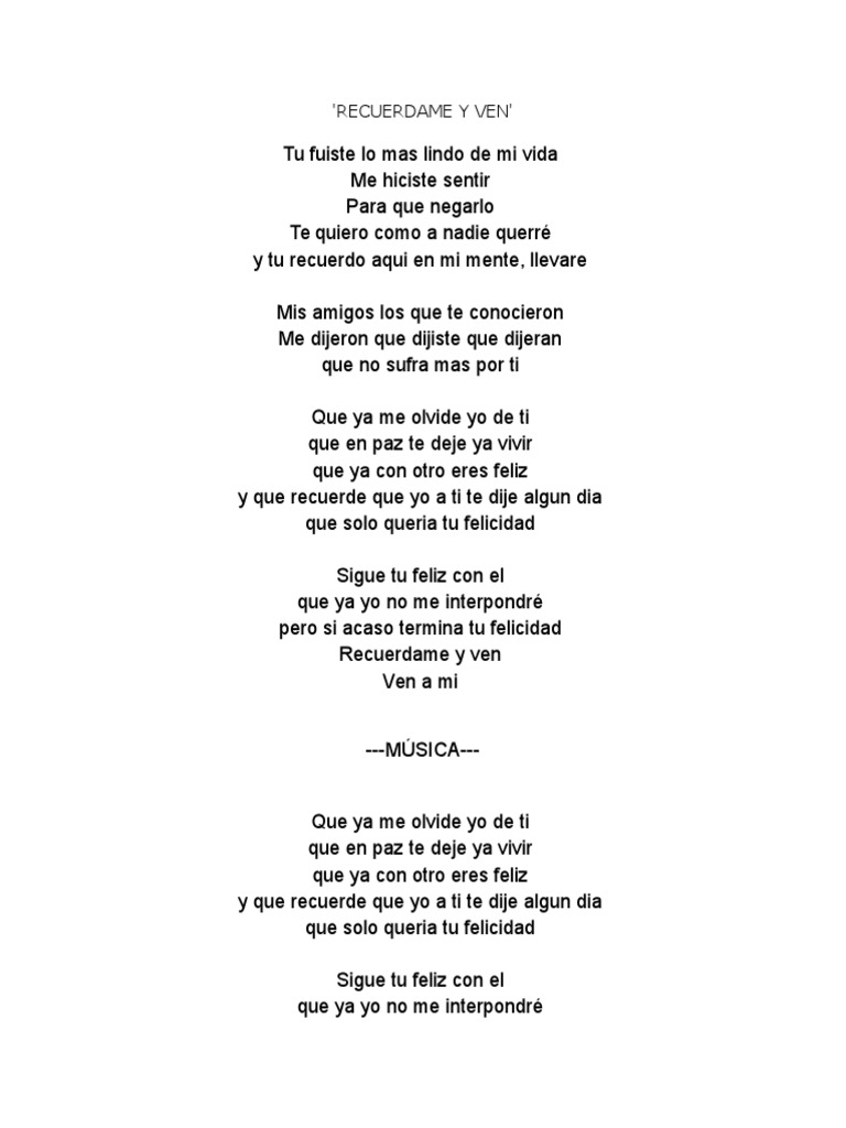Letras de "Recuérdame y Ven" | PDF | Hogar, jardinería y bricolaje | Arte