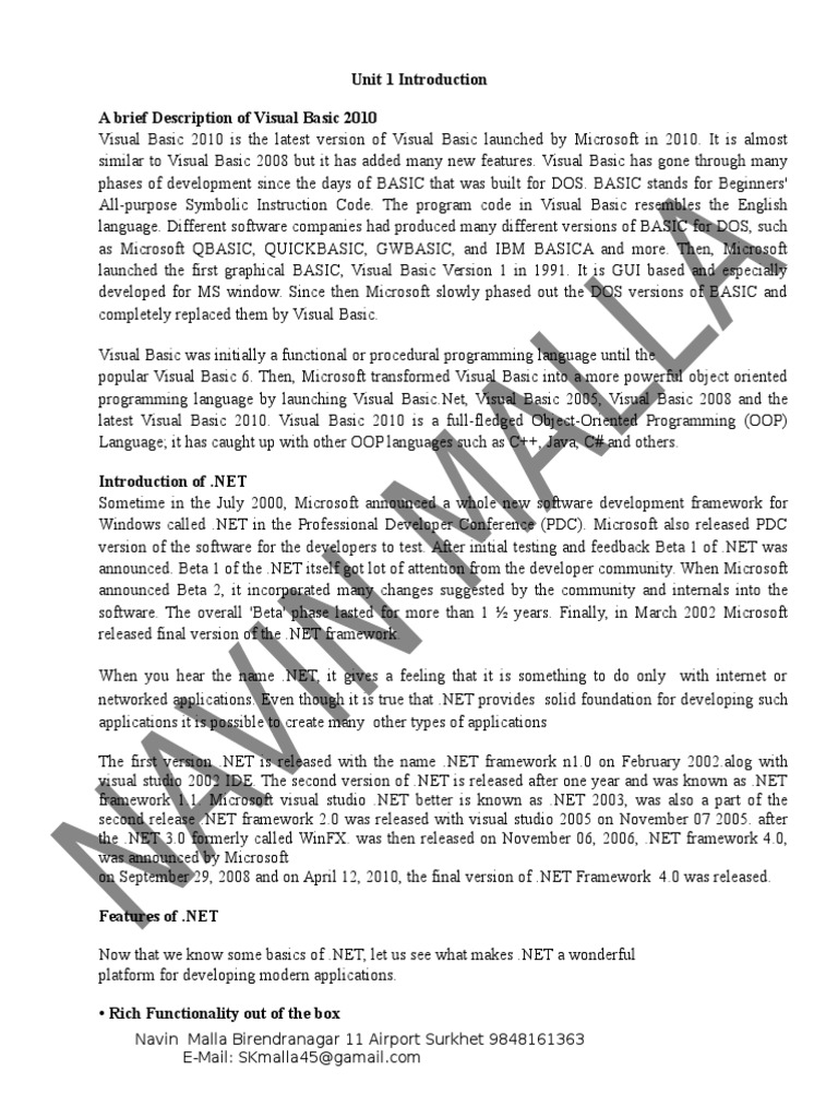 Unit 1 Introduction A Brief Description of Visual Basic 2010 | Download ...