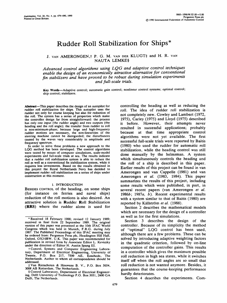 Rudder Roll Stabilization For Ships : of Automatic | PDF | Control ...