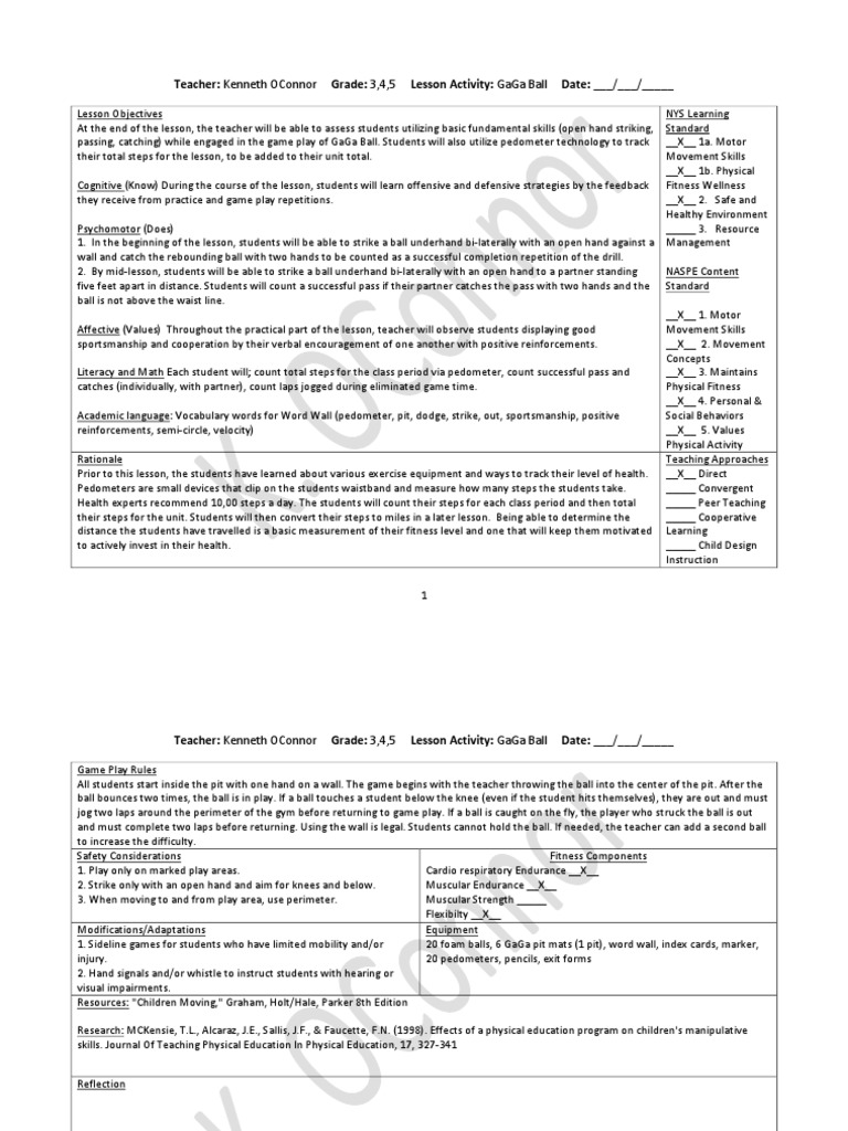 Gaga Ball Master Lesson Plan Template | PDF | Physical Education ...