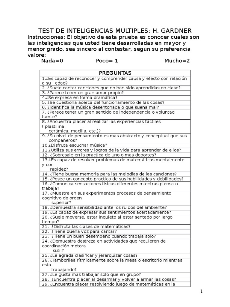 Test de Inteligencias Múltiples Gardner | PDF | Cognición | Ciencia ...