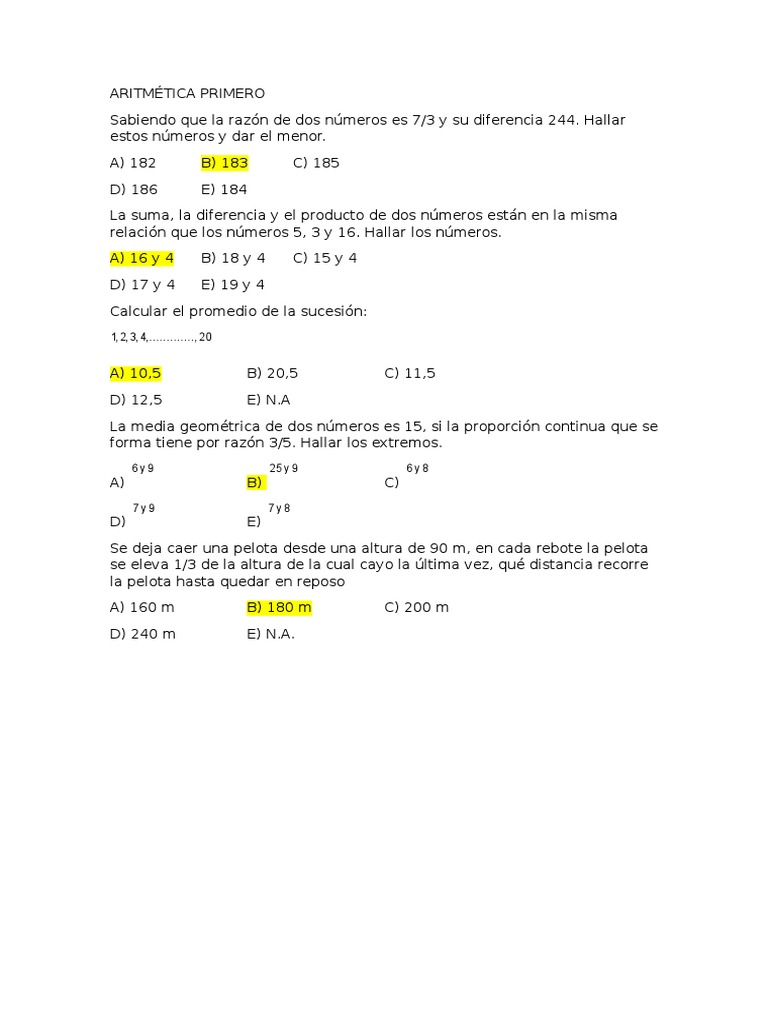 Preguntas Aritmética 1ro - 3ro y 5to y Trigo 3ro | PDF | Proporción | Aritmética