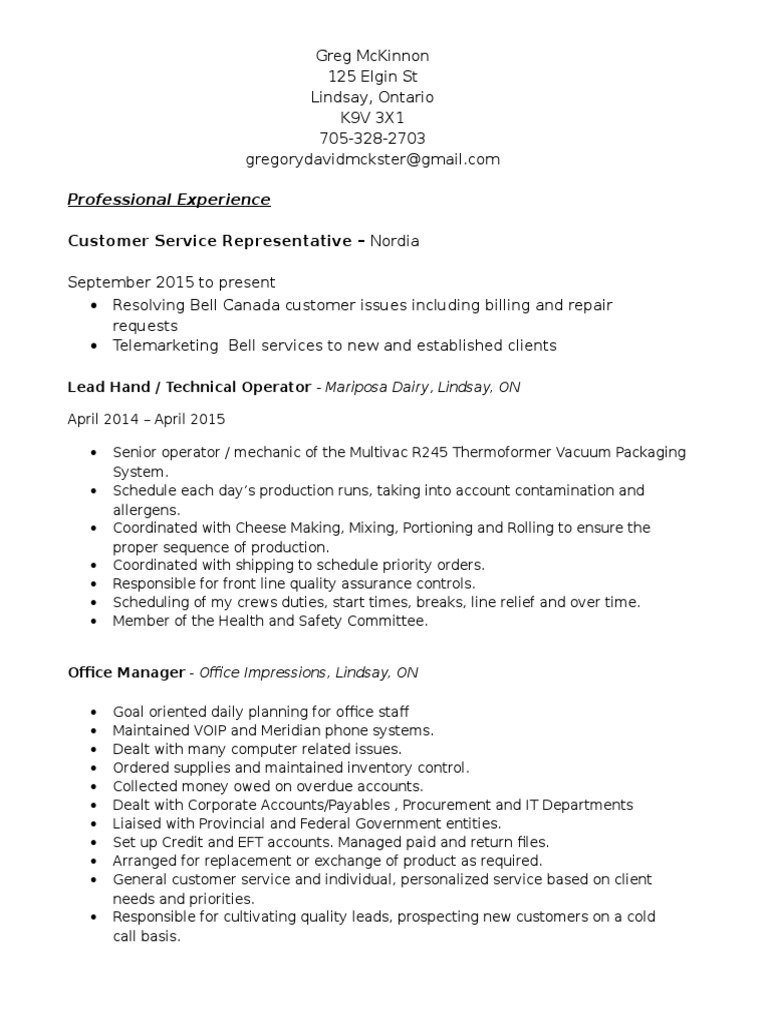 Greg McKinnon Resume With References | PDF | Employment | Inventory