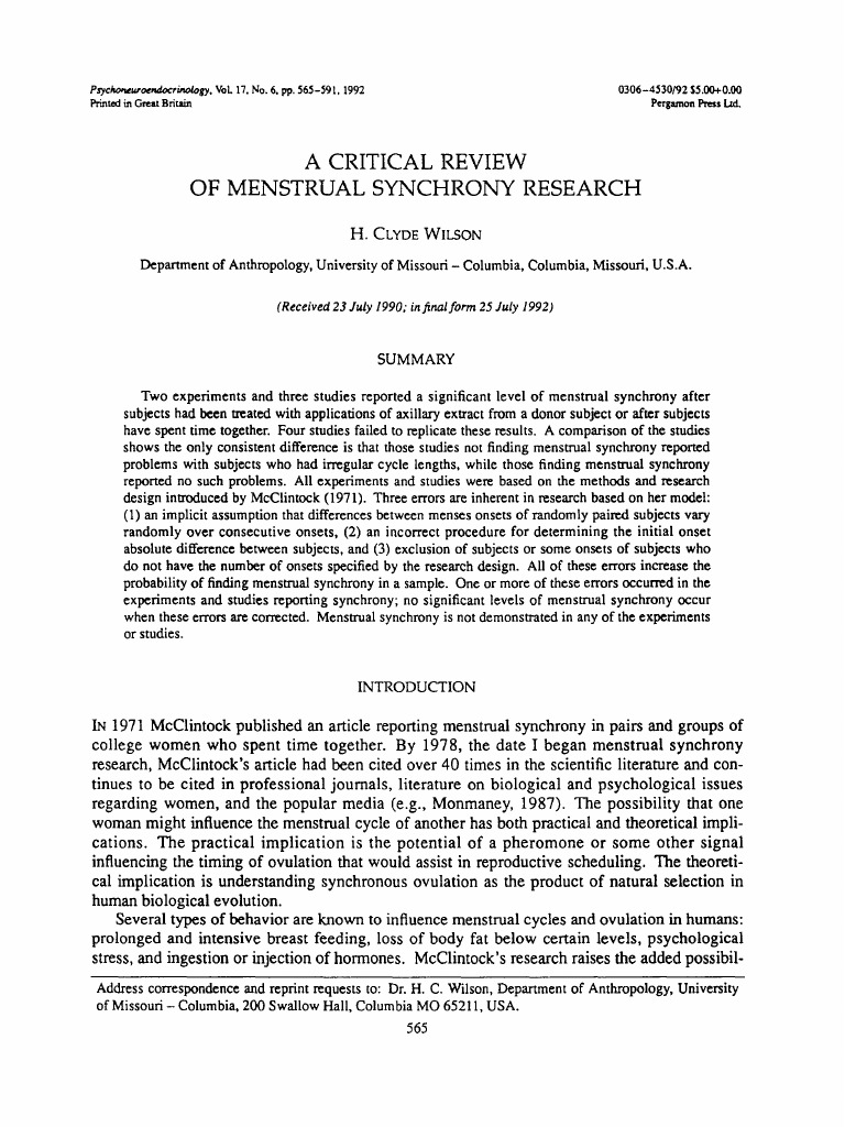 Wilson - Critical Review of Menstrual Synchrony Research | PDF ...