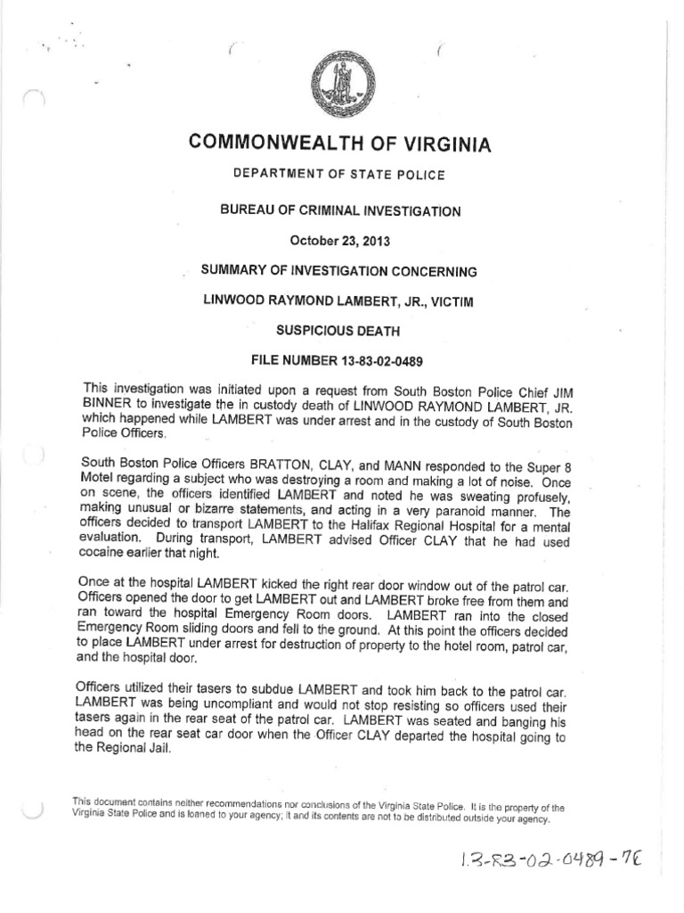 Summary of Investigation Concerning Linwood Raymond Lambert, JR ...