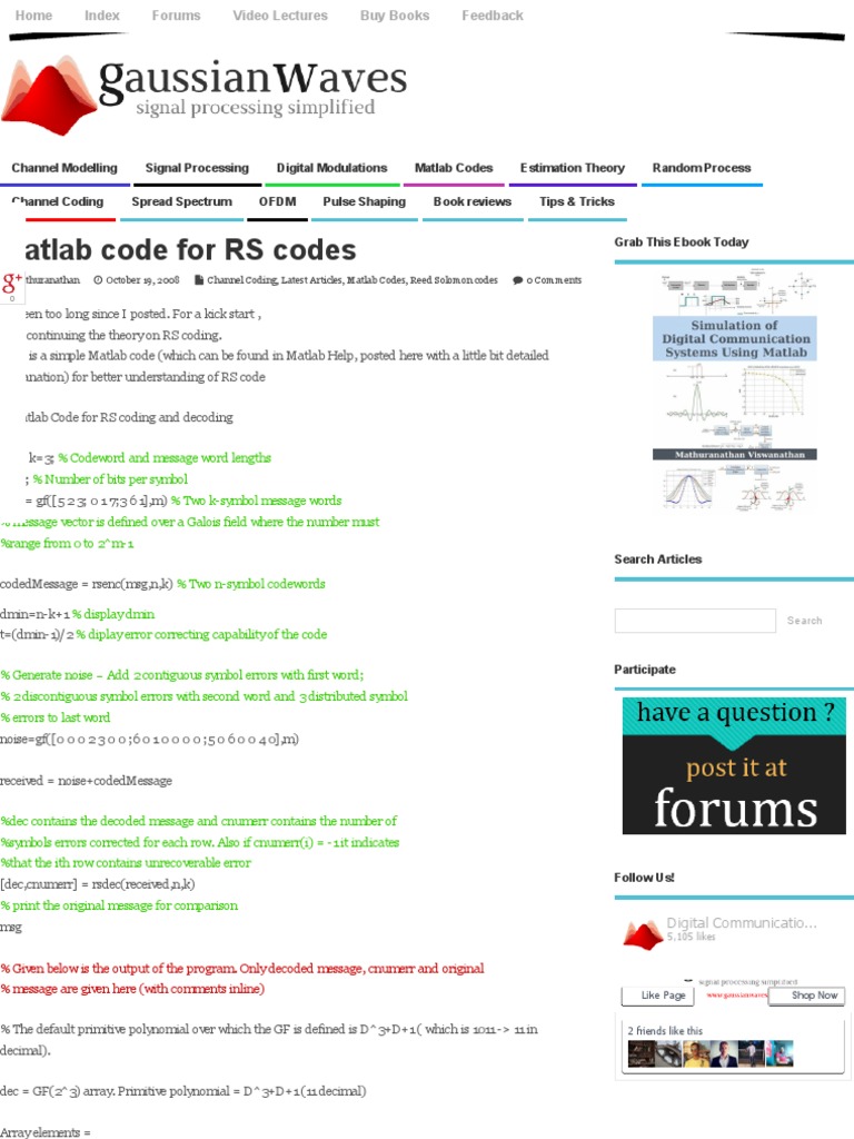 Matlab Code For RS Codes GaussianWaves | PDF | Mimo | Forward Error ...