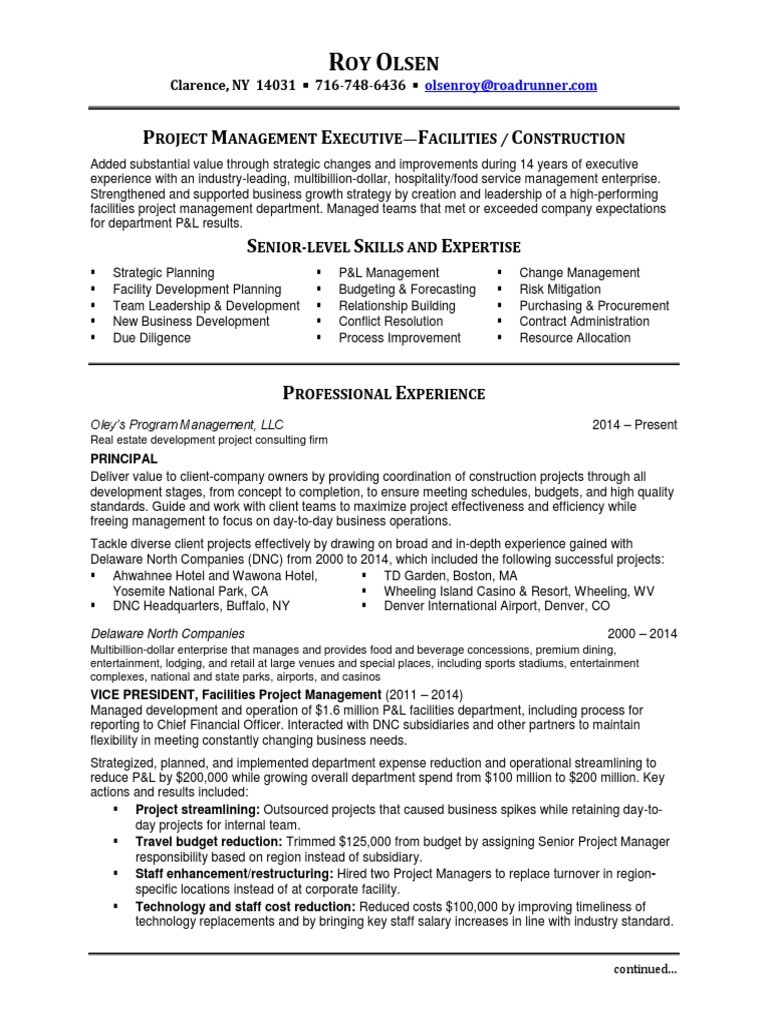 VP Facilities Construction in United States Resume Roy Olsen | PDF ...
