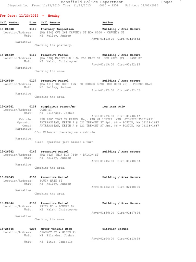 Police Log November 23, 2015 | PDF | Motor Vehicle | Automobiles