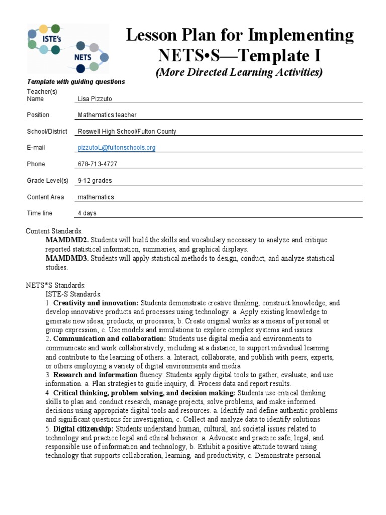 Lesson Plan For Implementing Nets Pdf Learning Creativity