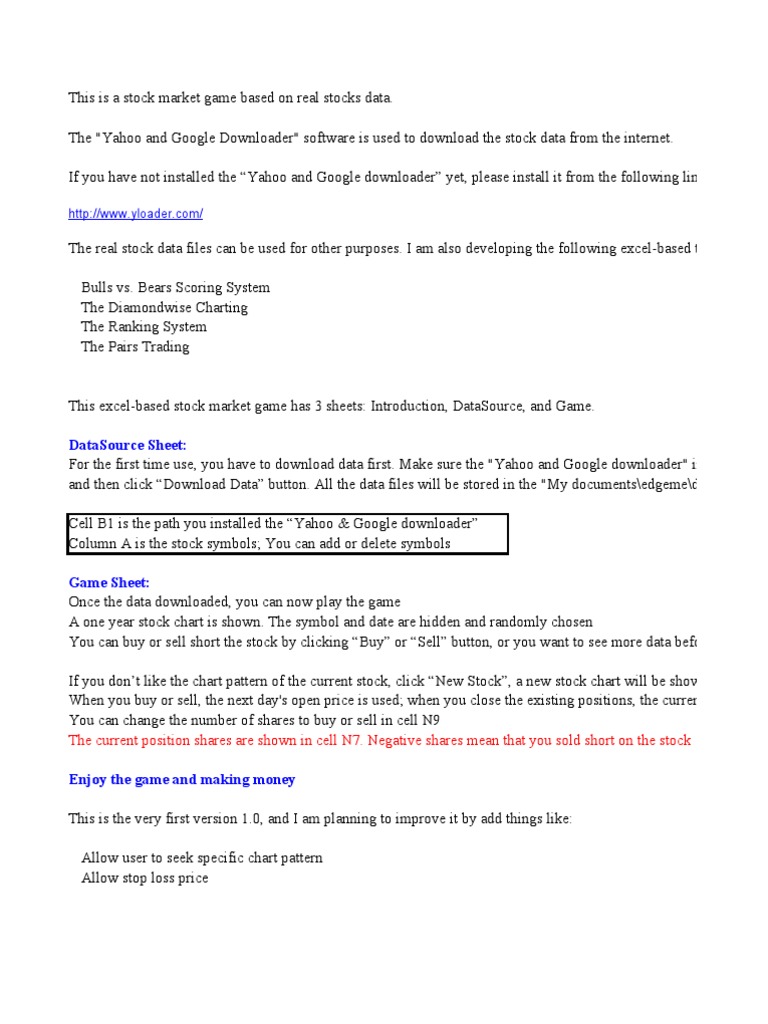 Excel-Based Stock Market Game Guide | PDF | Data Management | Computing