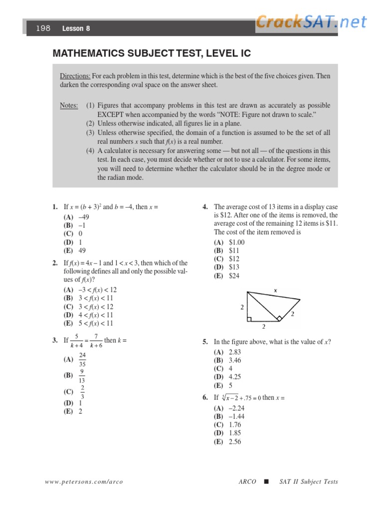 ARCO SAT Subject Math Level 1 Practice Test.pdf | Sat | Triangle