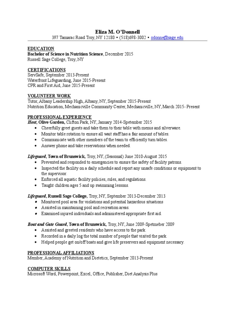 Eliza Odonnell Resume | PDF | Travel | Wellness