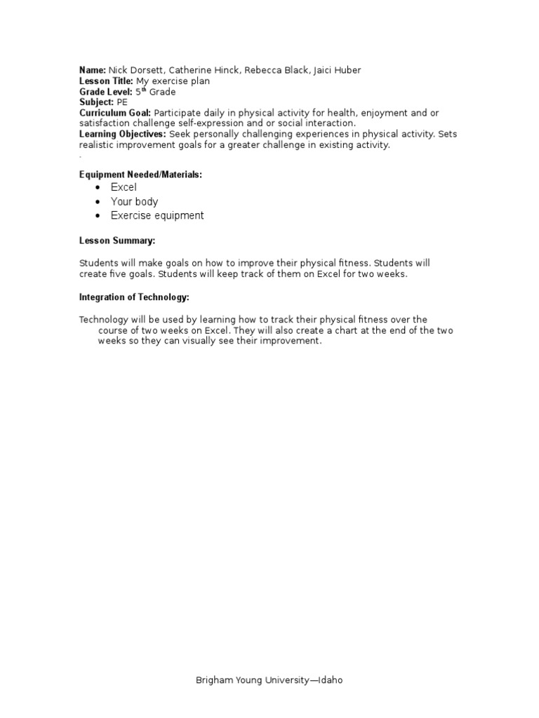 5th Grade Exercise Plan Goals Tracker | PDF