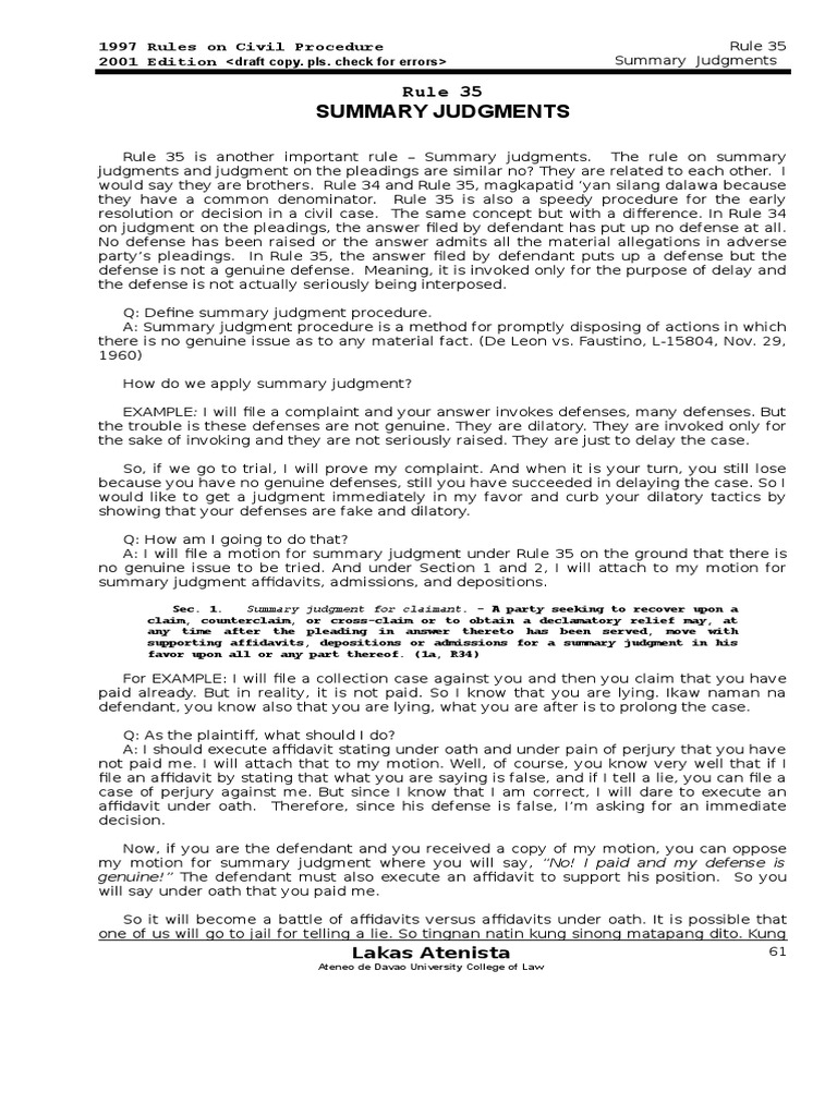 Rule 35 - Summary Jdgmnts | PDF | Summary Judgment | Pleading