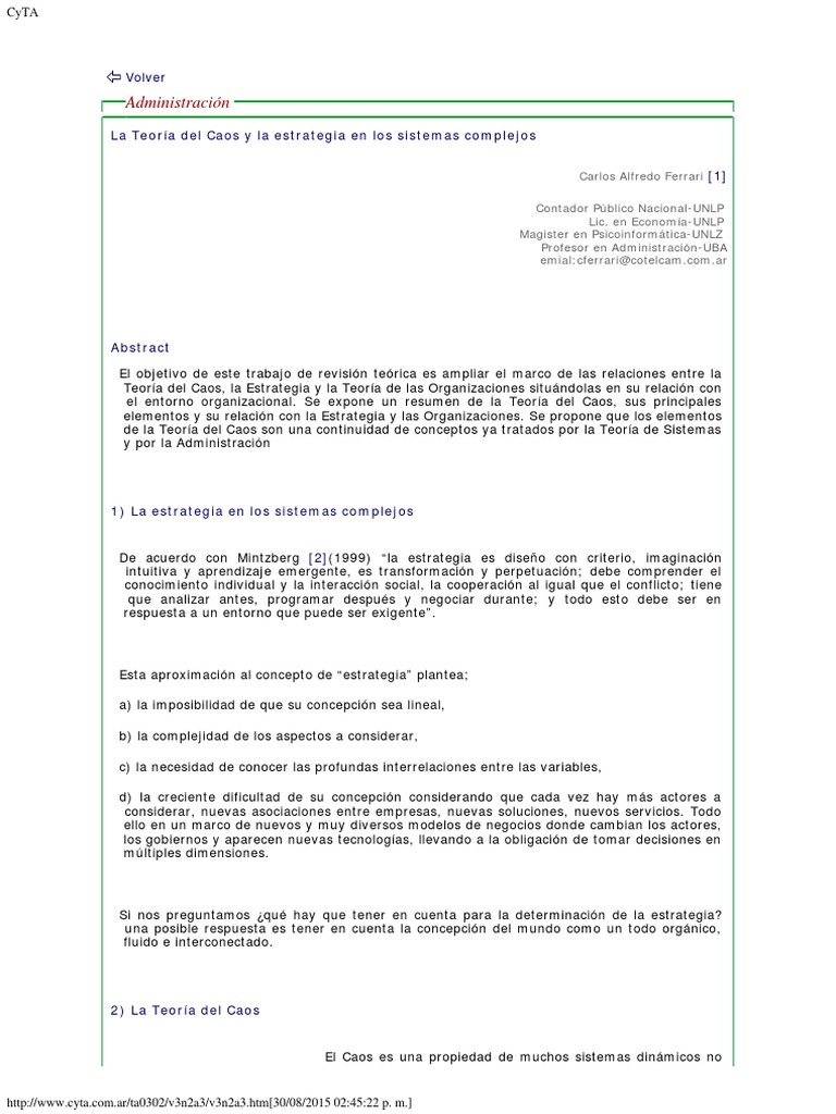 Carlos Ferrari. La Teoría Del Caos y La Estrategia en Los Sistemas Complejos | PDF | Teoría del ...