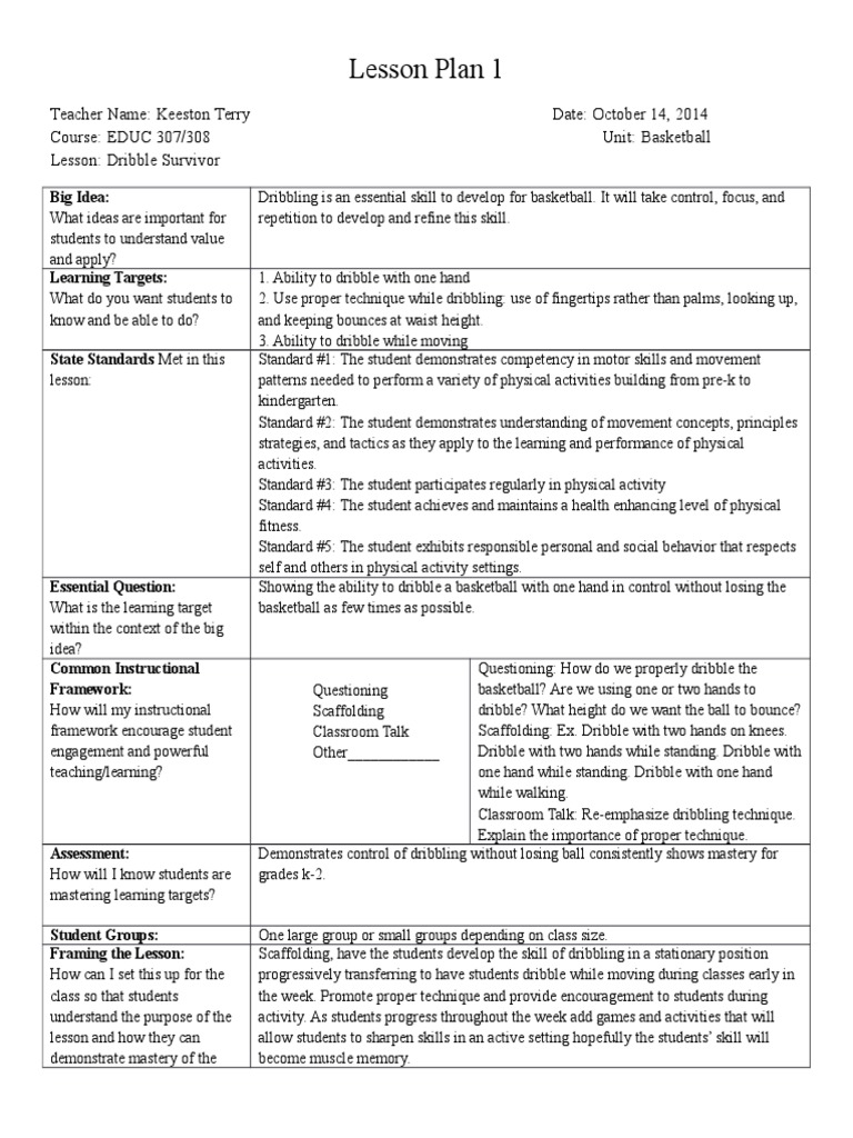 Dribble Survivor Lesson Plan | PDF | Lesson Plan | Learning