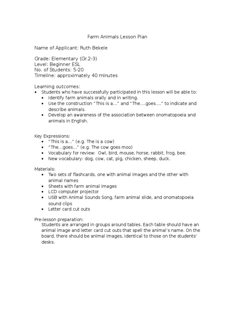 Farm Animal Lesson Plan Chart | PDF | Vocabulary | Reading Comprehension