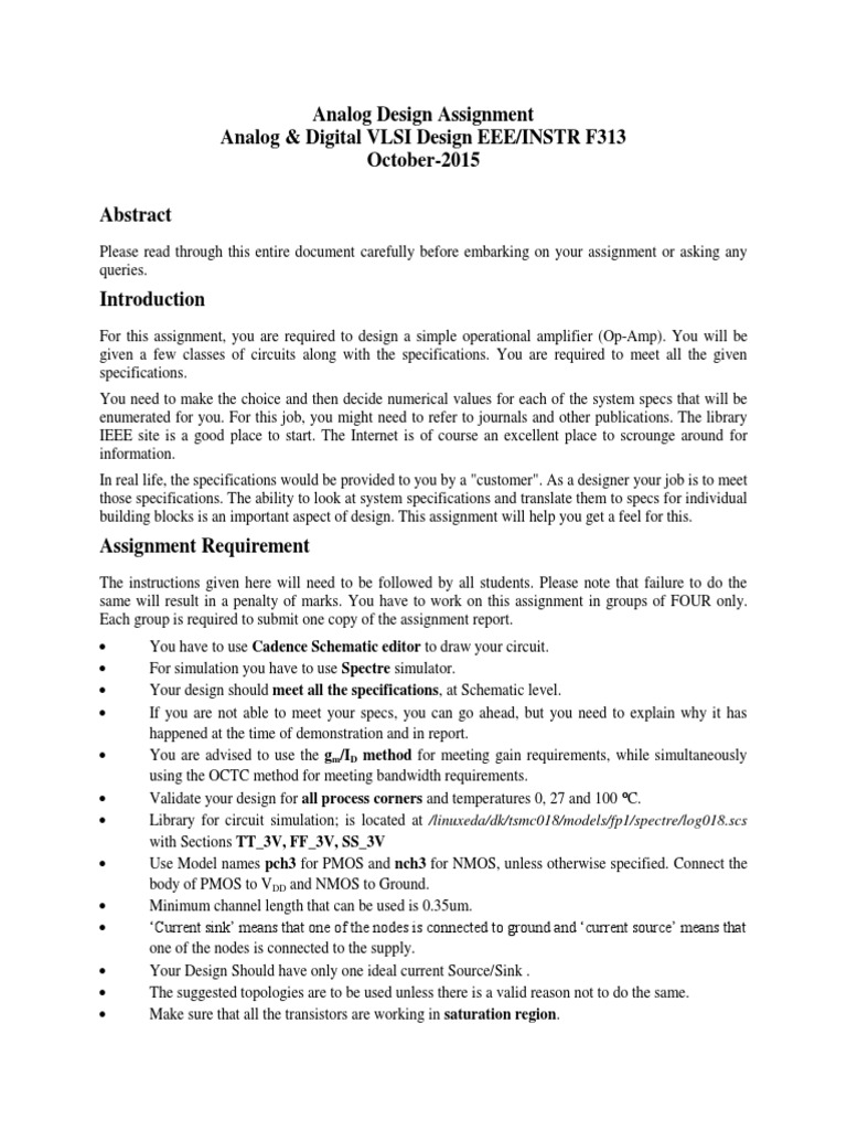 Analog Assignment ADVD | PDF | Operational Amplifier | Cmos