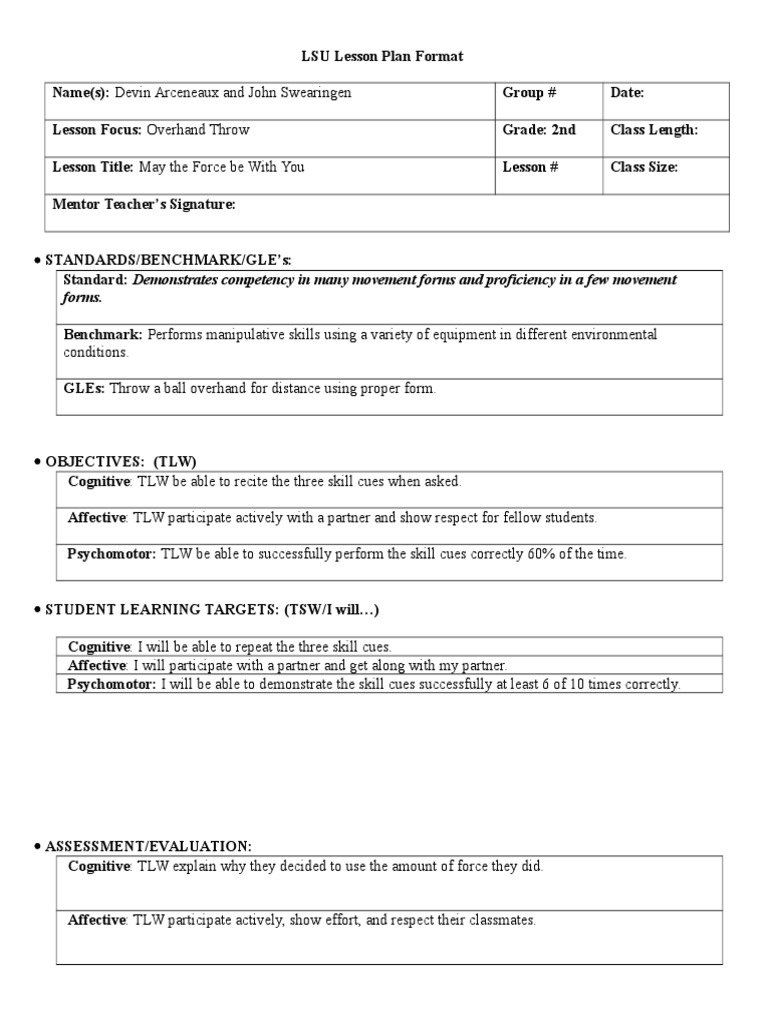 Overhand Throw Lesson Plan for 2nd Grade | PDF | Educational Assessment | Leisure